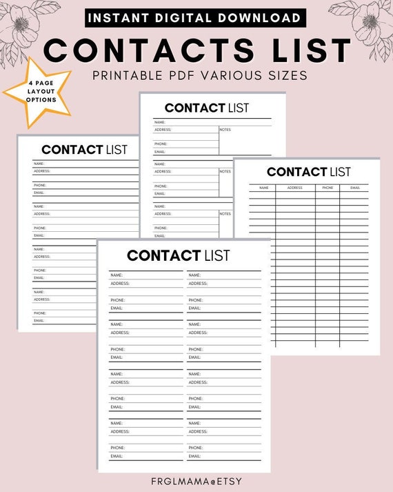 Contact List Printable Address Book Printable Address Log | Etsy