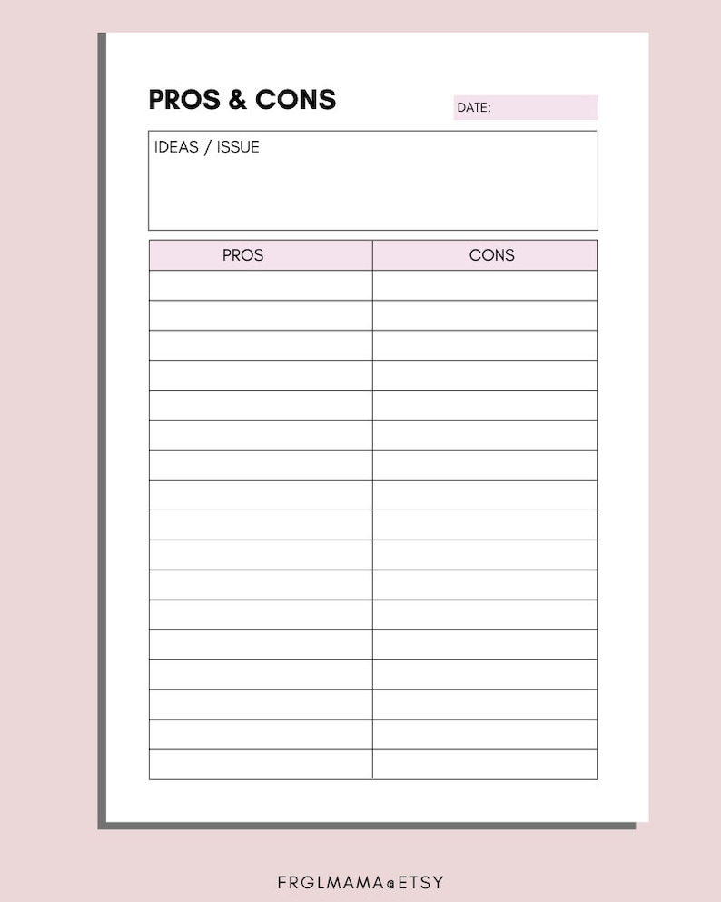 Printable Pros and Cons List Instant Download Print at Home - Etsy UK