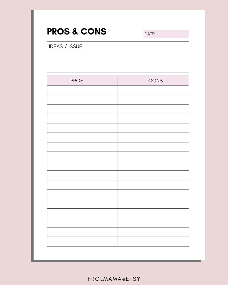 Printable Pros and Cons List Instant Download Print at Home | Etsy UK