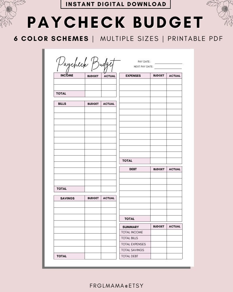 Paycheck Budget Overview Template Printable Paycheck Budget Etsy Canada