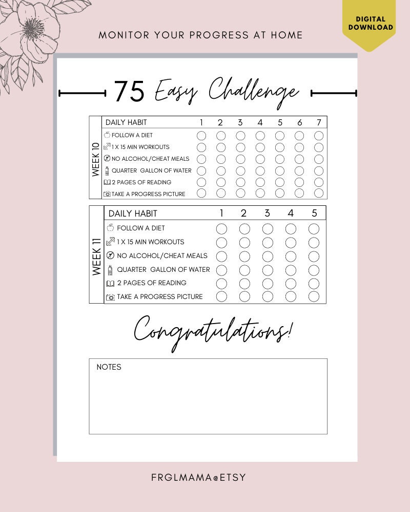 75 EASY Challenge Tracker 75 Day Challenge Printable Fitness - Etsy UK