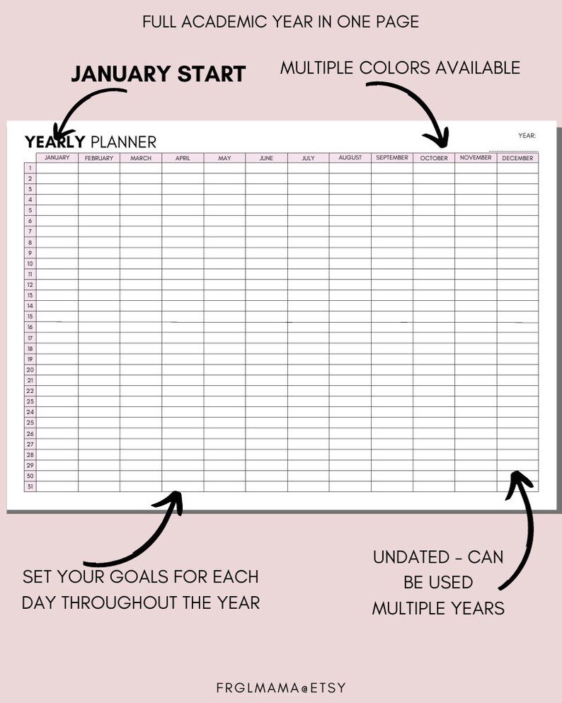 UNDATED Year Planner Yearly Planner on 1 Page Landscape - Etsy