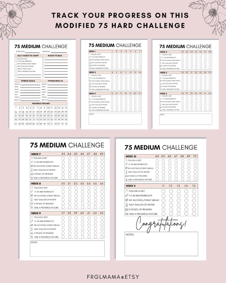 75 Day Challenge Tracker: Fitness & Self Improvement (PDF) - Etsy