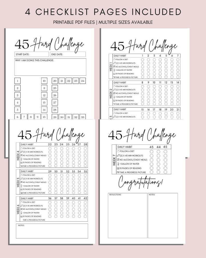 45 Hard Challenge Tracker Bundle Modified 75 Hard Challenge | Etsy UK