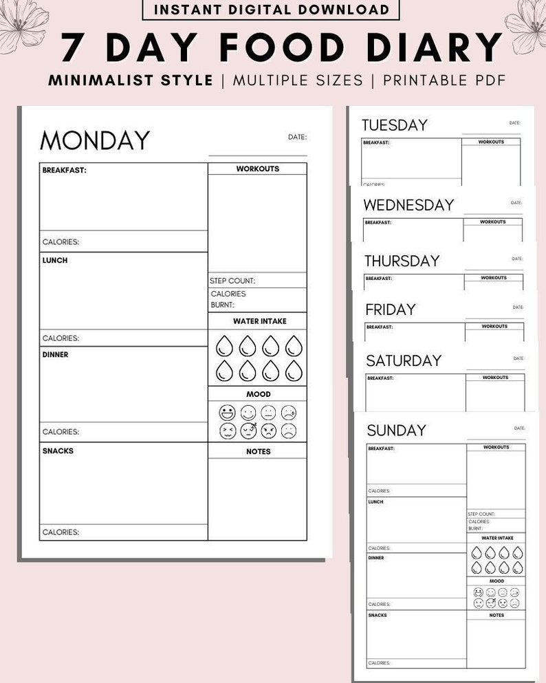 WEEKLY Daily Food Diary Printable A4 A5 Printable Daily Food - Etsy
