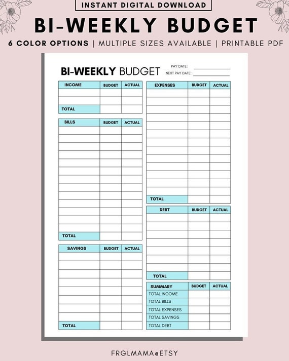 BI WEEKLY Budget Overview Template Printable Paycheck Budget Etsy