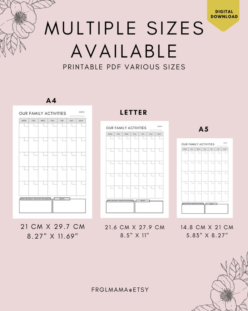Family Activities Calendar: Printable Monthly Planner (digital Download ...