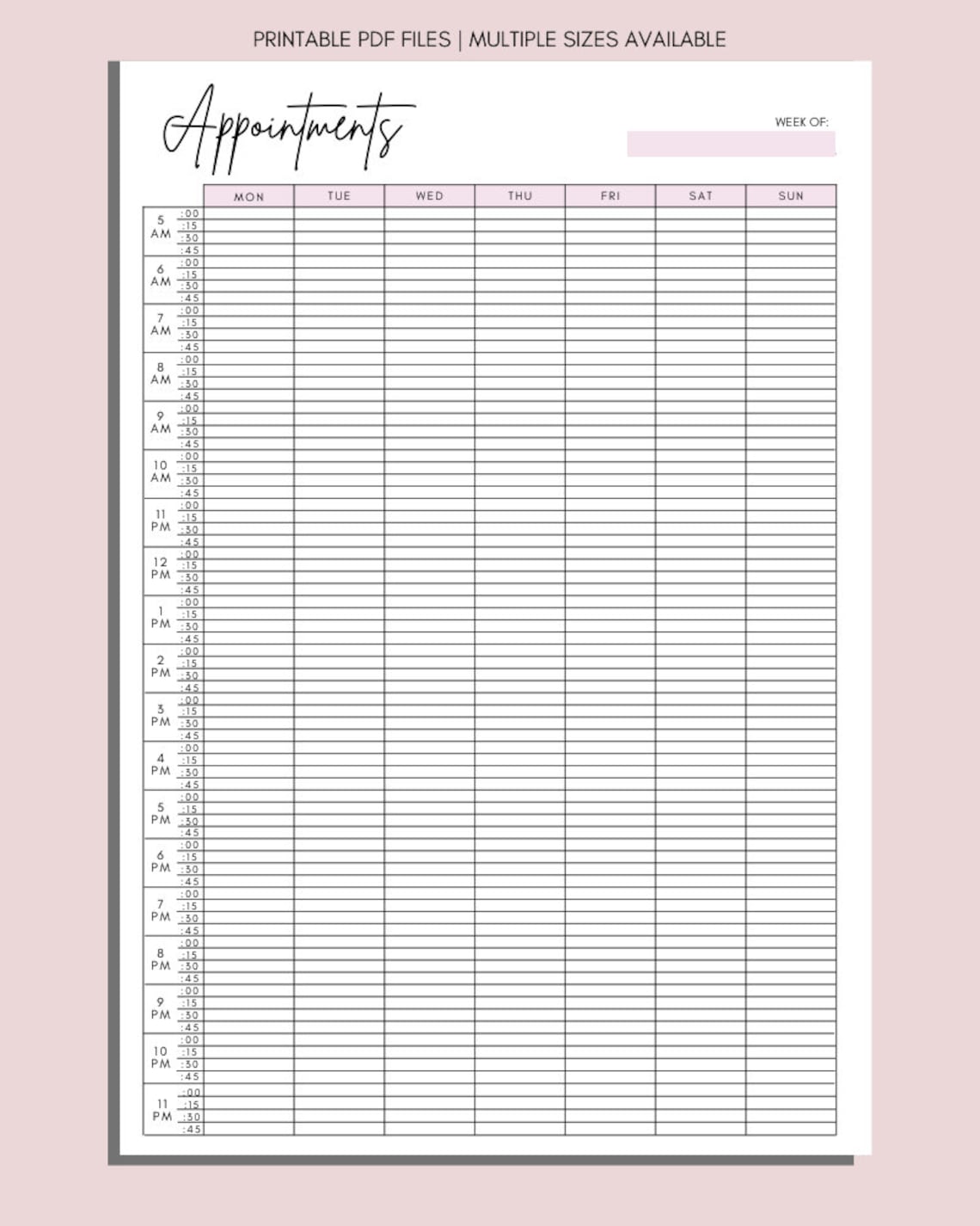 5am Midnight Appointment Tracker Printable 15 Minute - Etsy