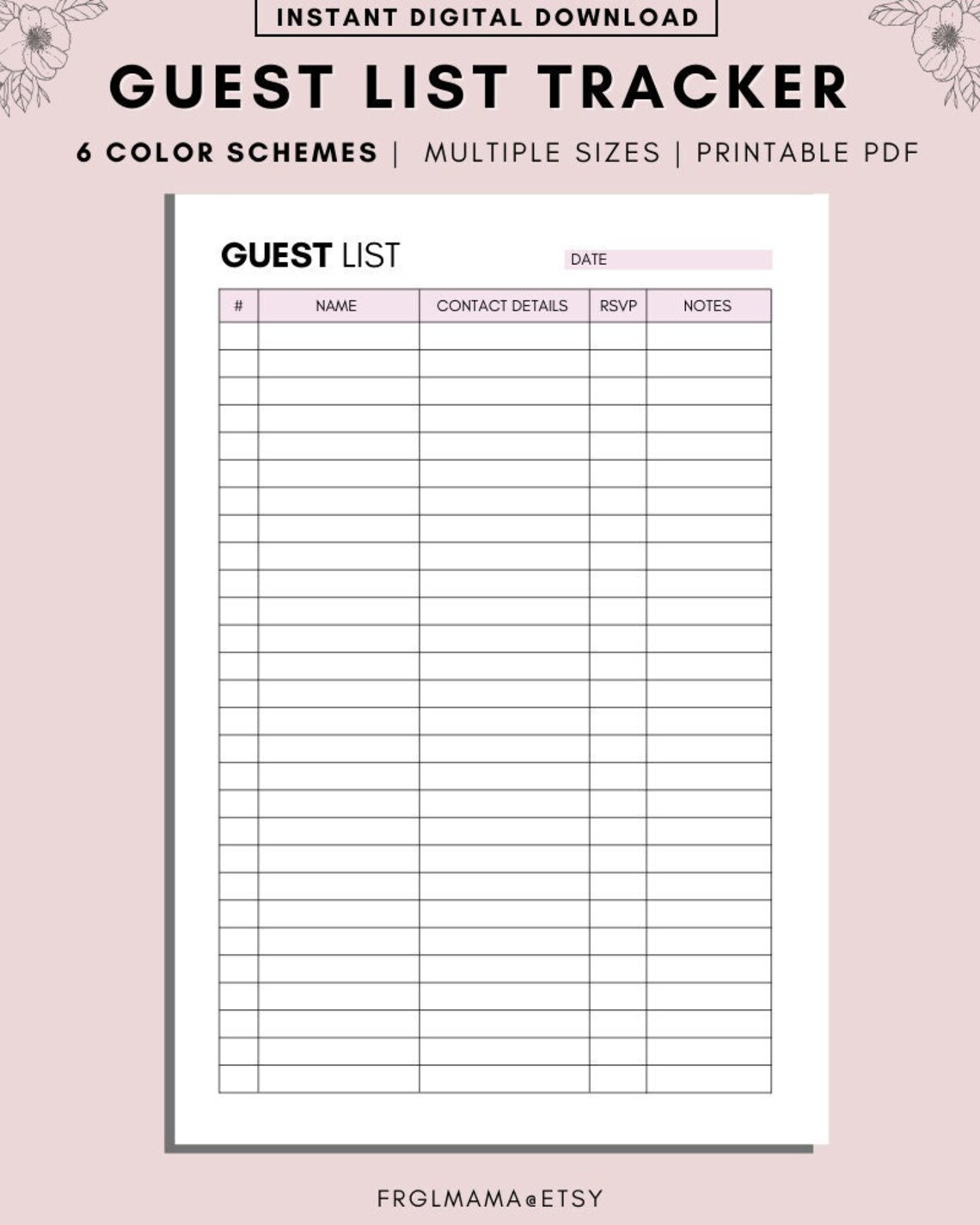 Printable Guest List Tracker: RSVP Contact List (A4 A5 Letter PDF) - Etsy