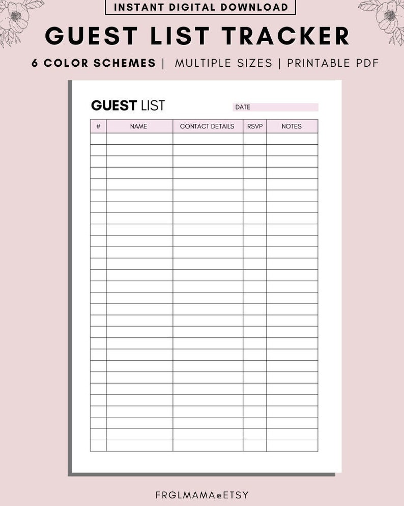 Printable Guest List Tracker: RSVP Contact List (A4 A5 Letter PDF) - Etsy
