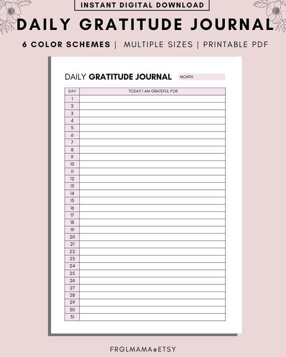 Daily Gratitude Journal A4 A5 Printable Month on One Page - Etsy