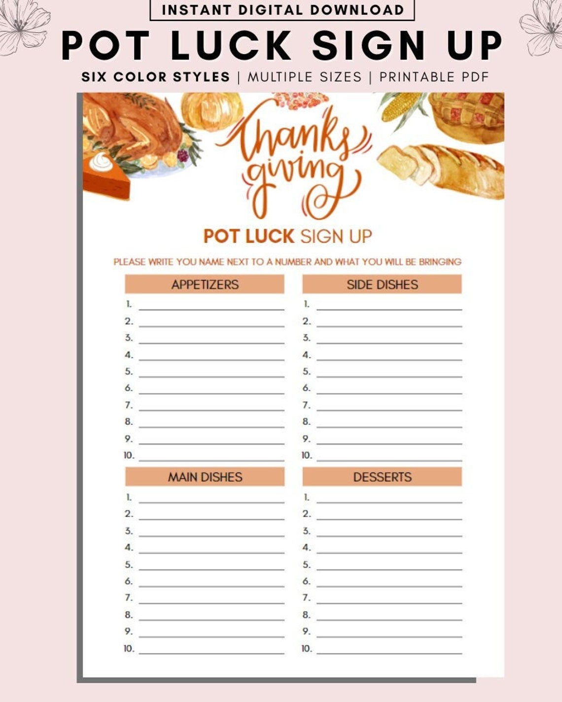 Thanksgiving Potluck Sign up Sheet Potluck Sign up Sheet - Etsy