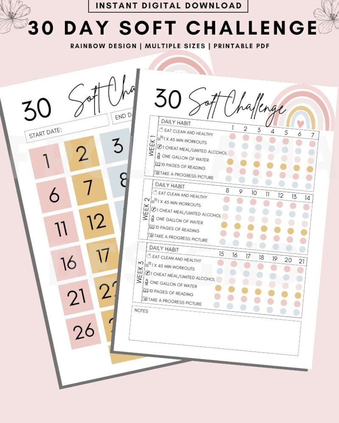 30 Soft Challenge Tracker, Printable, Daily 30 Soft Challenge Journal, Tracker Rainbow, Habit ...