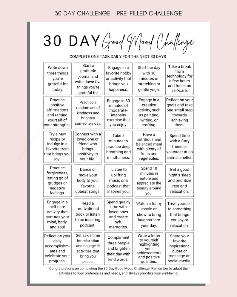 30 Day Good Mood Challenge Printable: Self-love Activities (PDF) - Etsy UK