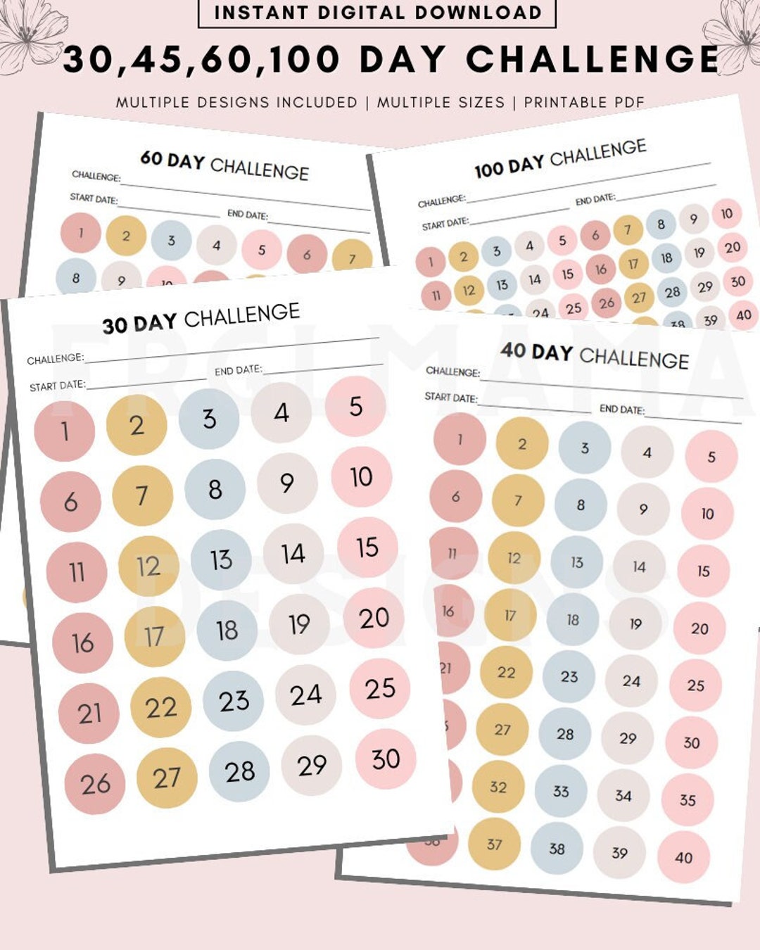 30 60 75 90 100 Day Challenge, Day Countdown Printable Planner ...