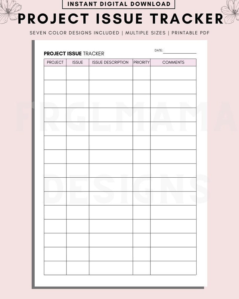 Project Issue Tracker Printable: Project Planning Log (A4, A5, Letter ...