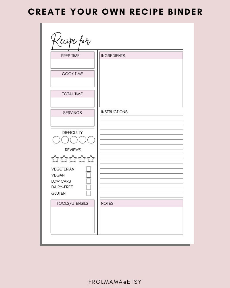 Recipe Sheet Printable Recipe Binder Recipe Instructions - Etsy