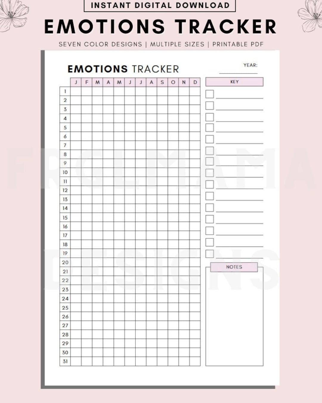 Emotions Tracker Printable, Mood Tracker Printable, A Year in Pixels, Mood Journal, Emotion ...