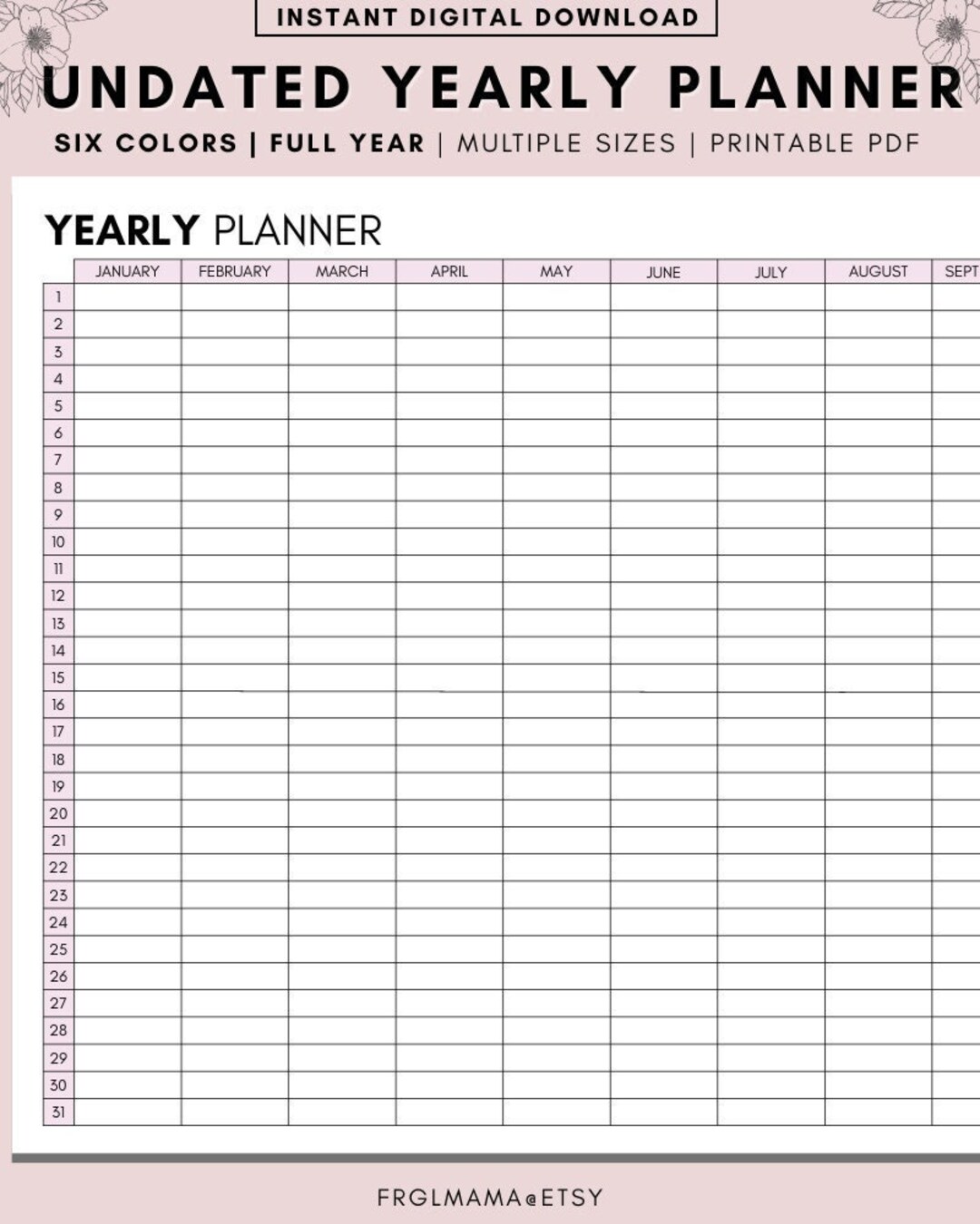UNDATED Year Planner - Yearly Planner on 1 Page Landscape, Vertical ...