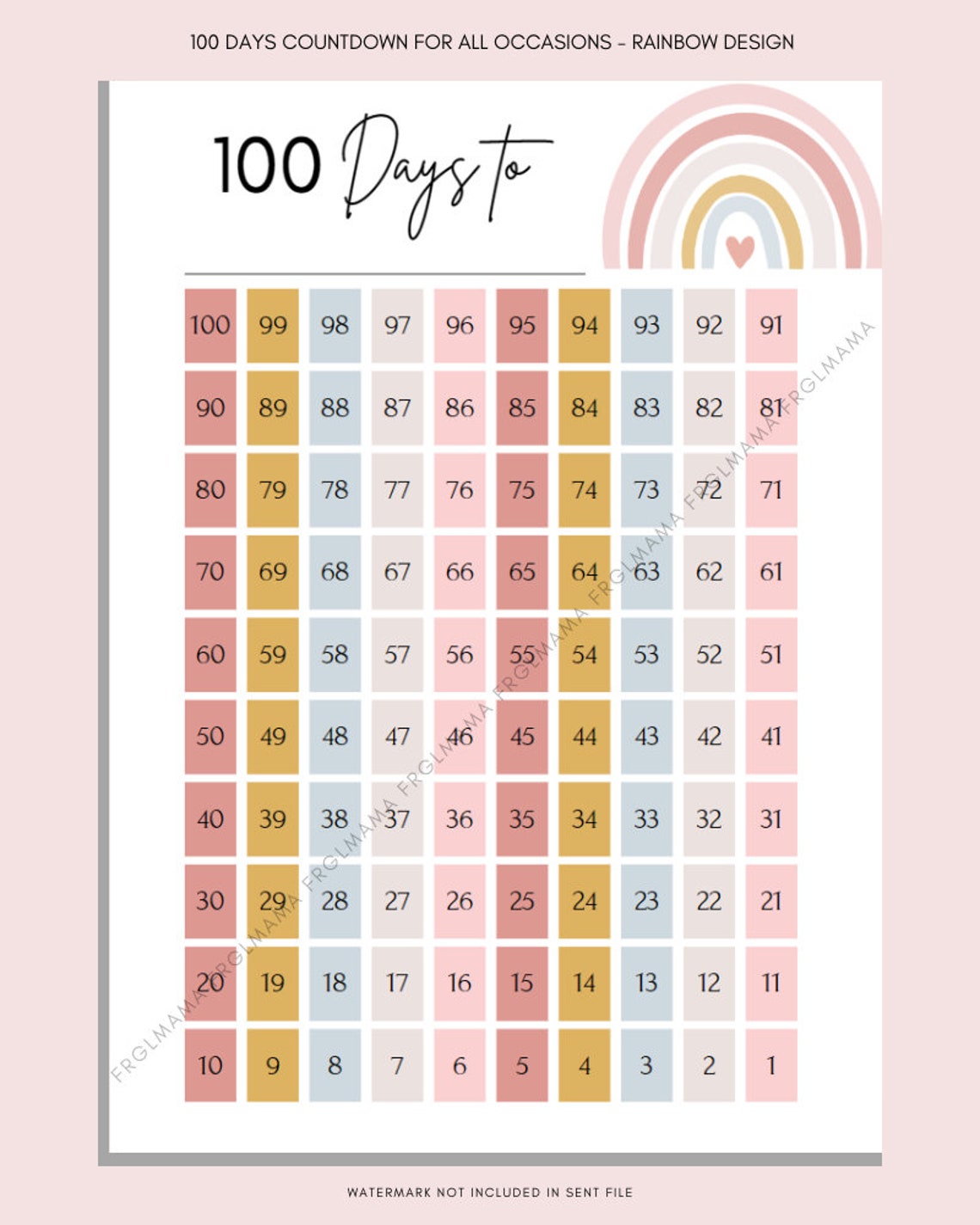 100 Day Countdown Printable: Rainbow Design Calendar (PDF) - Etsy