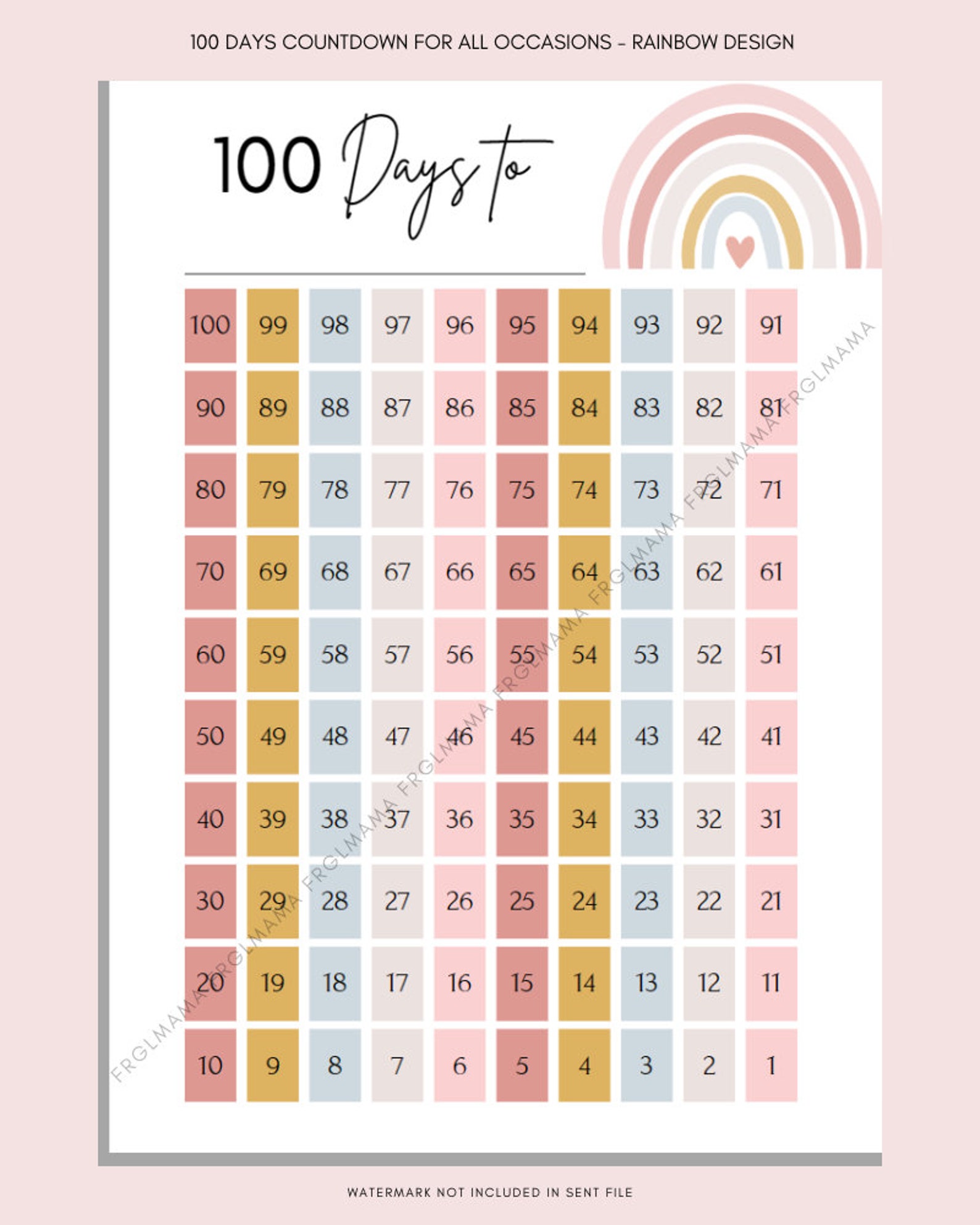 100 Day Countdown Printable: Rainbow Design Calendar (PDF) - Etsy