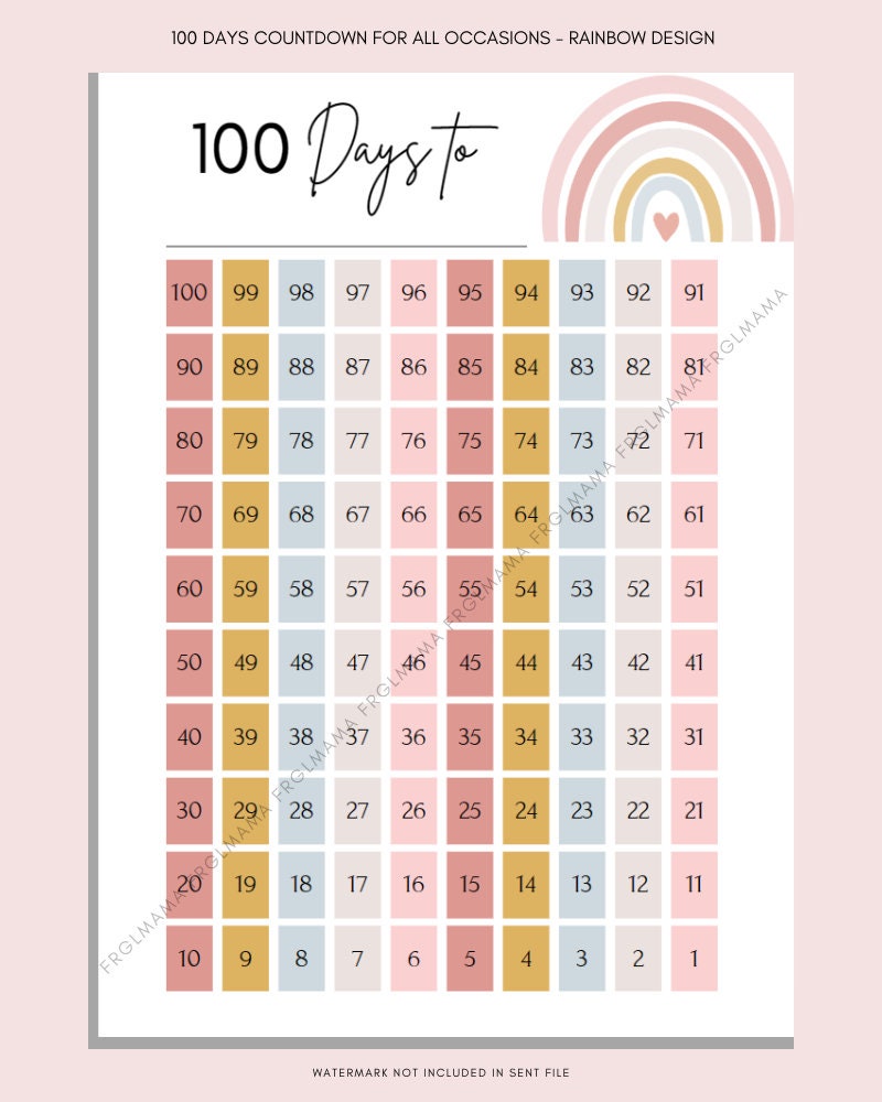 100 Day Countdown Printable: Rainbow Design Calendar (PDF) - Etsy
