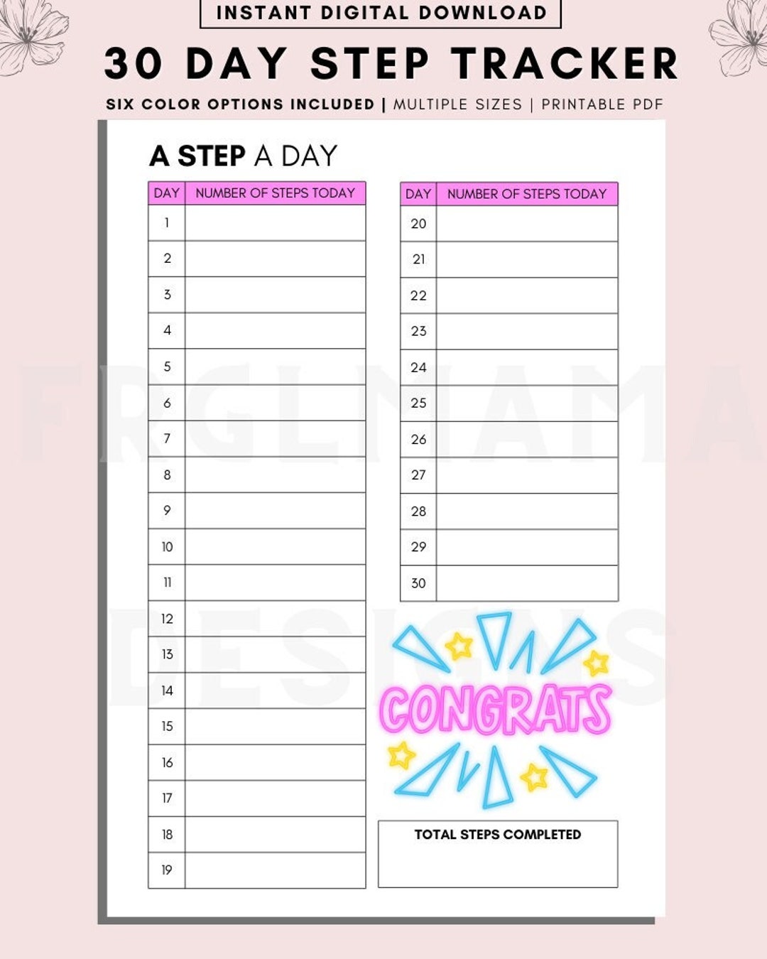 30 Day Step Tracker, Step Log, Printable Planner Fitness Tracker ...