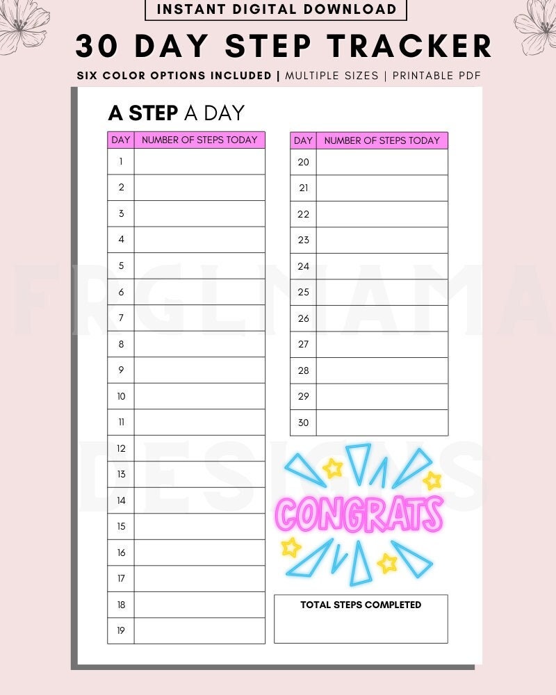 30 Day Step Tracker, Step Log, Printable Planner Fitness Tracker ...