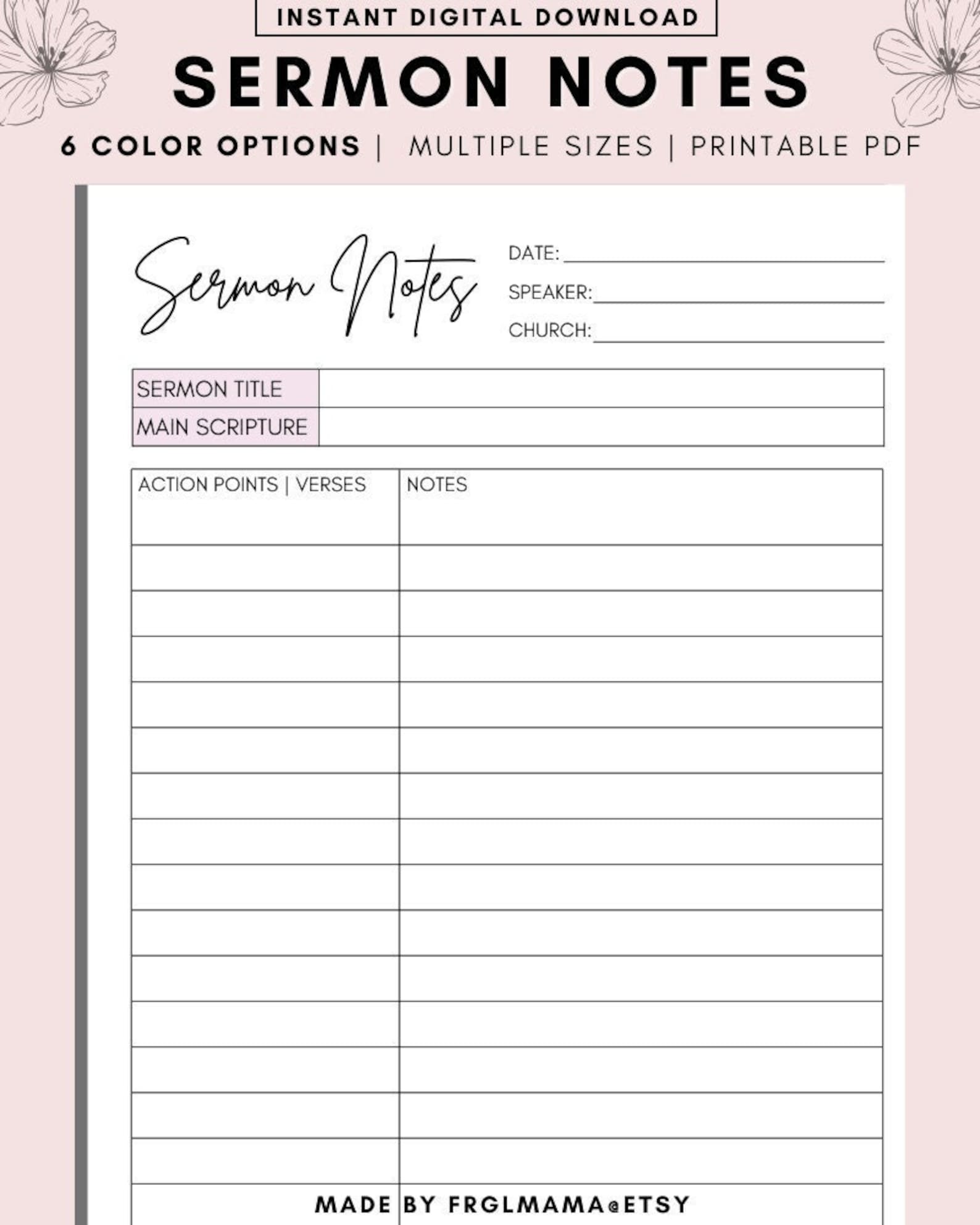 Printable Sermon Notes Sermon Summary Note Christian Planner Etsy