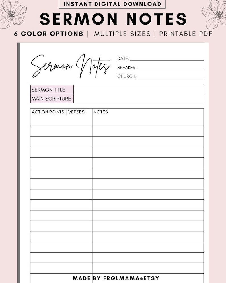 Printable Sermon Notes Sermon Summary Note Christian Planner - Etsy