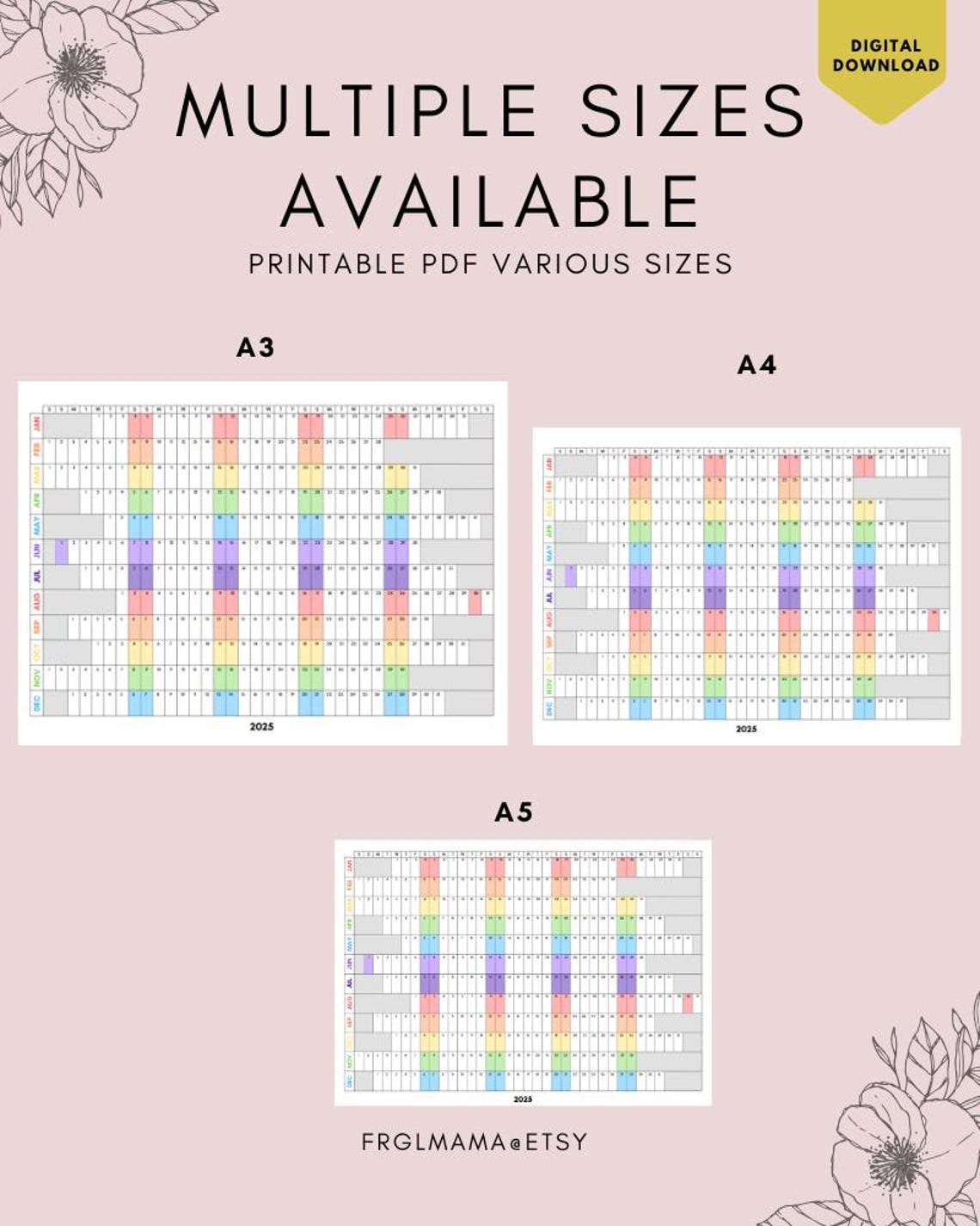 2025 Year Calendar Printable: Rainbow Wall Planner (A3, A4, A5 PDF) - Etsy