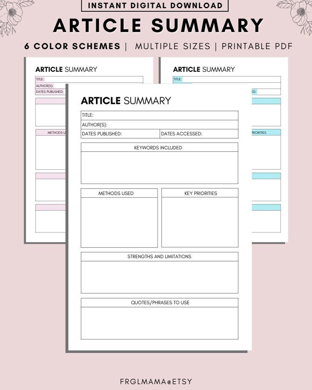 Article Summary Research Paper Journal A4 PDF Printable Instant Digital ...