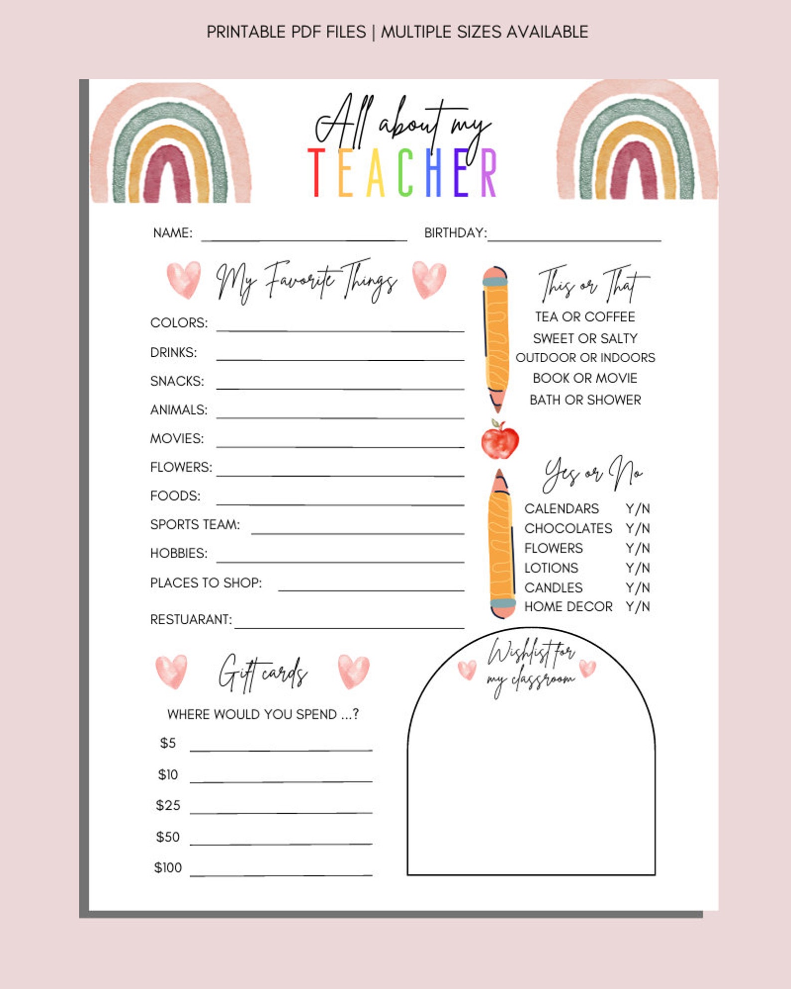 Teacher Favorites Questionnaire: Back to School Printable (digital ...