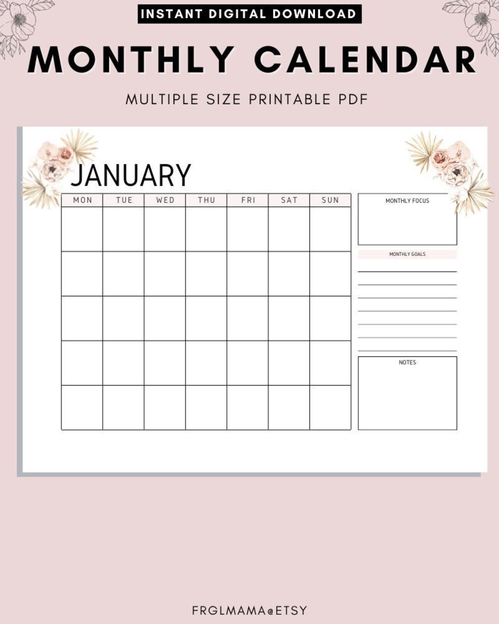 UNDATED Monthly Calendar Landscape Simple Printable Calendar - Etsy