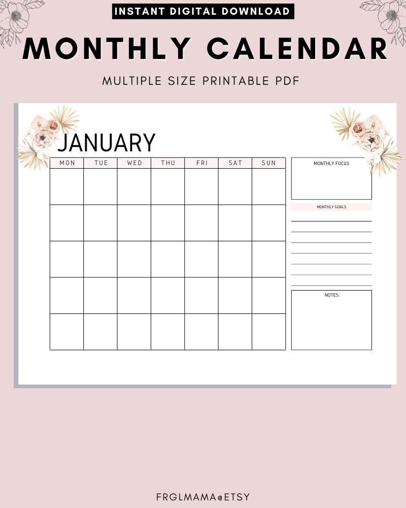 UNDATED Monthly Calendar Landscape Simple Printable Calendar - Etsy