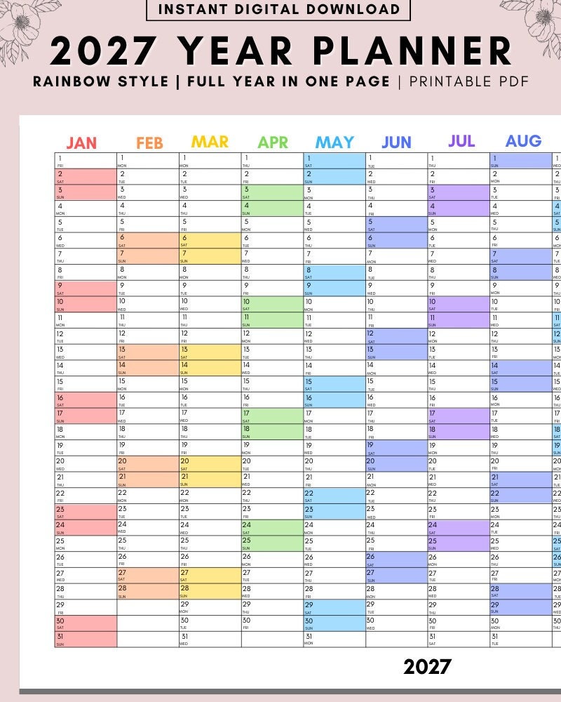 2027 Rainbow Calendar Printable: Yearly Wall Planner (A3, A4, A5 PDF ...