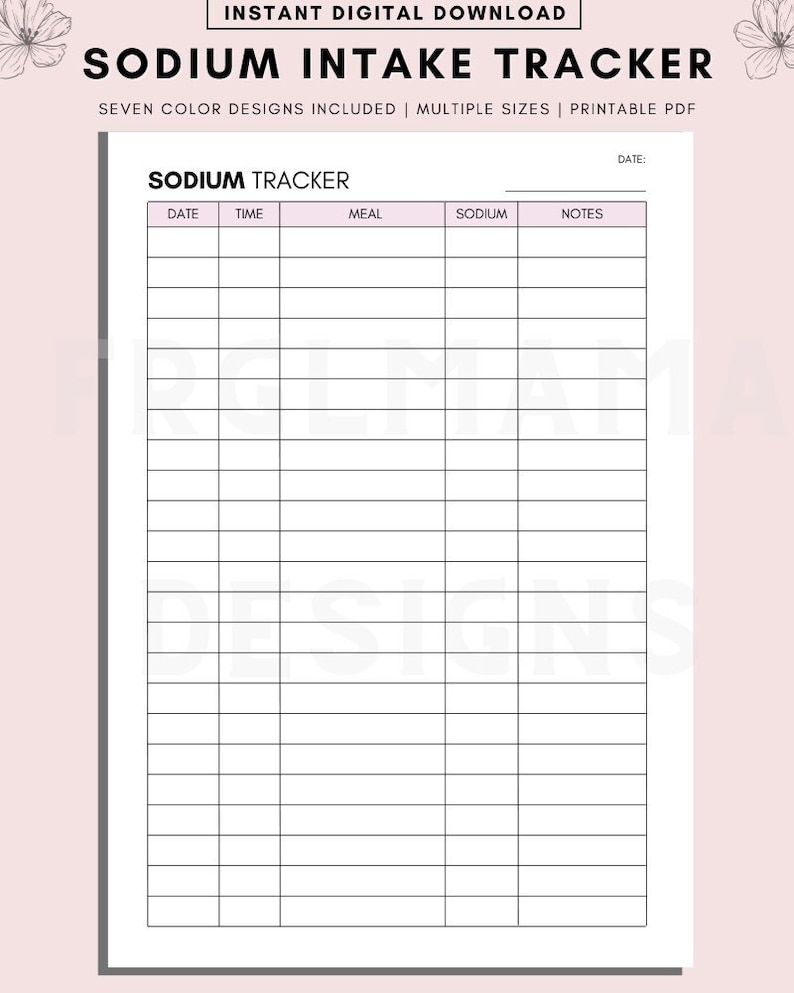 Printable Sodium Intake Tracker: Meal Planner, Symptoms & Treatments ...