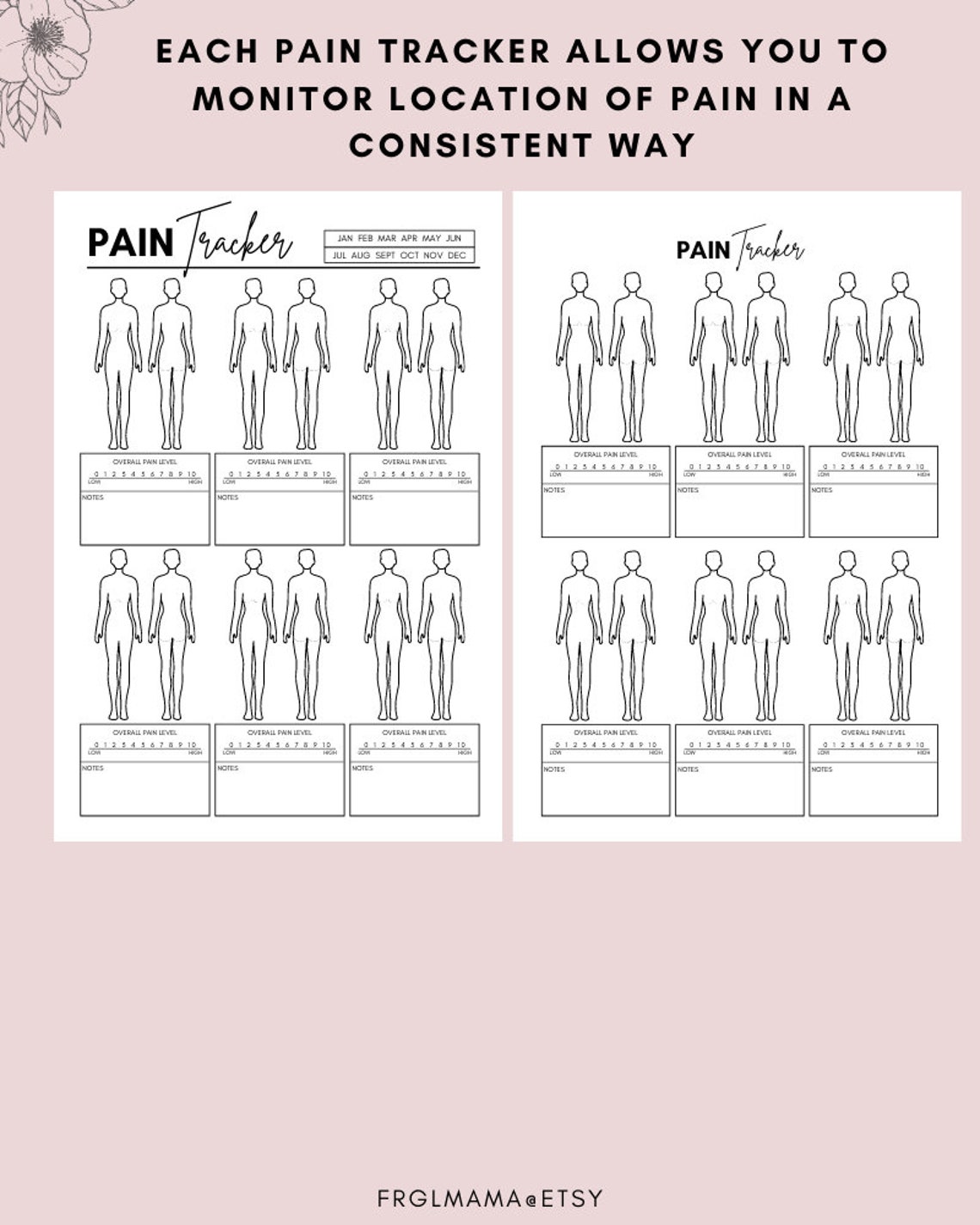 Printable Pain Tracker, Chart Monthly Symptom Frequency & Severity ...