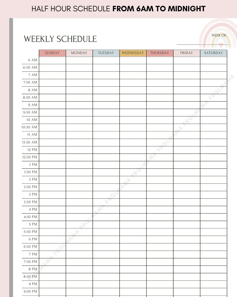 Rainbow Half Hour Weekly Schedule Weekly Planner Printable - Etsy