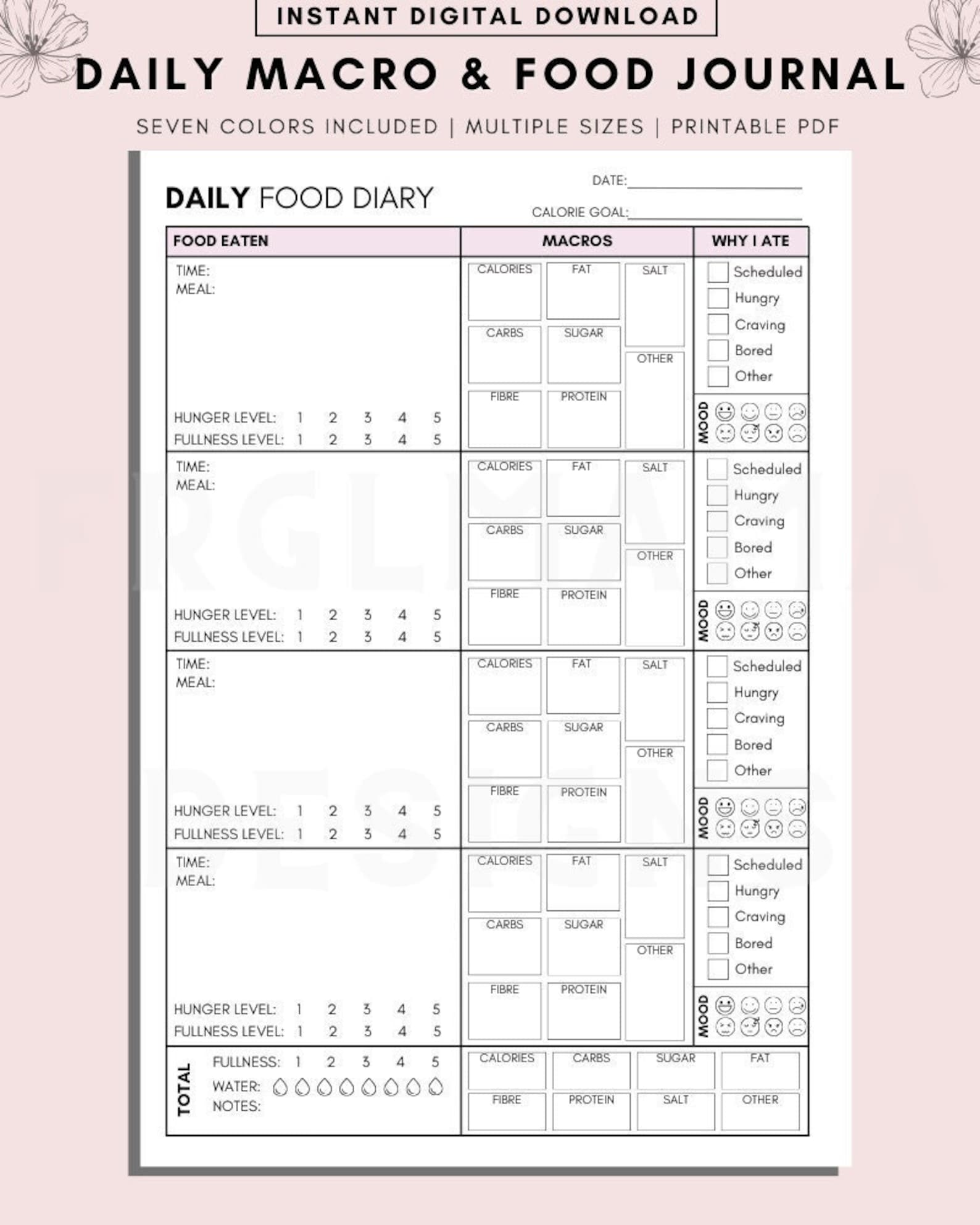 Daily Macro & Calorie Tracker: Printable Food Journal (digital Download ...