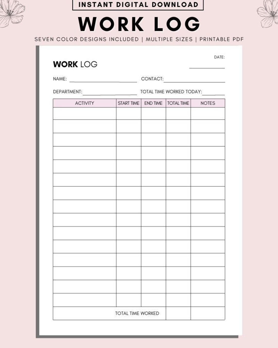 Work Log, Working Time Log, Time in and Out, Timesheet Tracker, Time ...