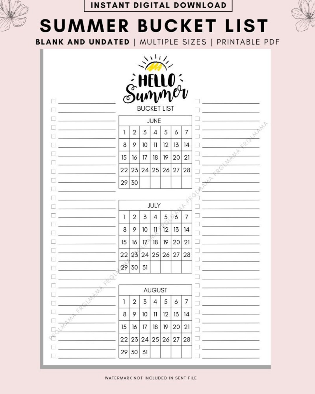 UNDATED Summer Bucket List Printable, Summer Countdown Poster, Summer ...