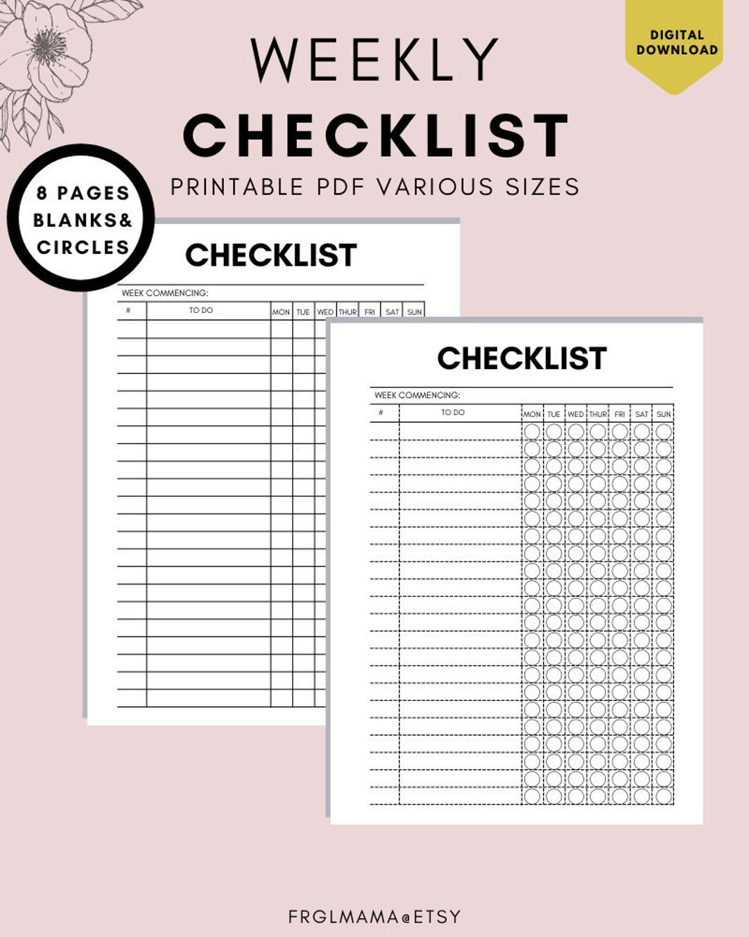 Weekly Checklist Printable: To-do List Planner (letter/a4) (instant ...
