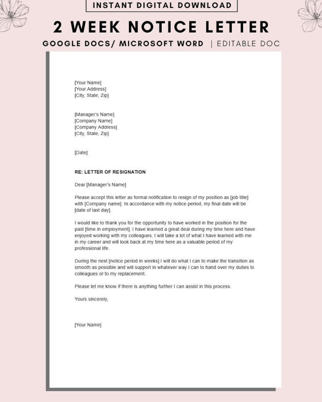 2 Weeks Notice Letter, Two Weeks Notice Letter, Google Docs/microsoft ...