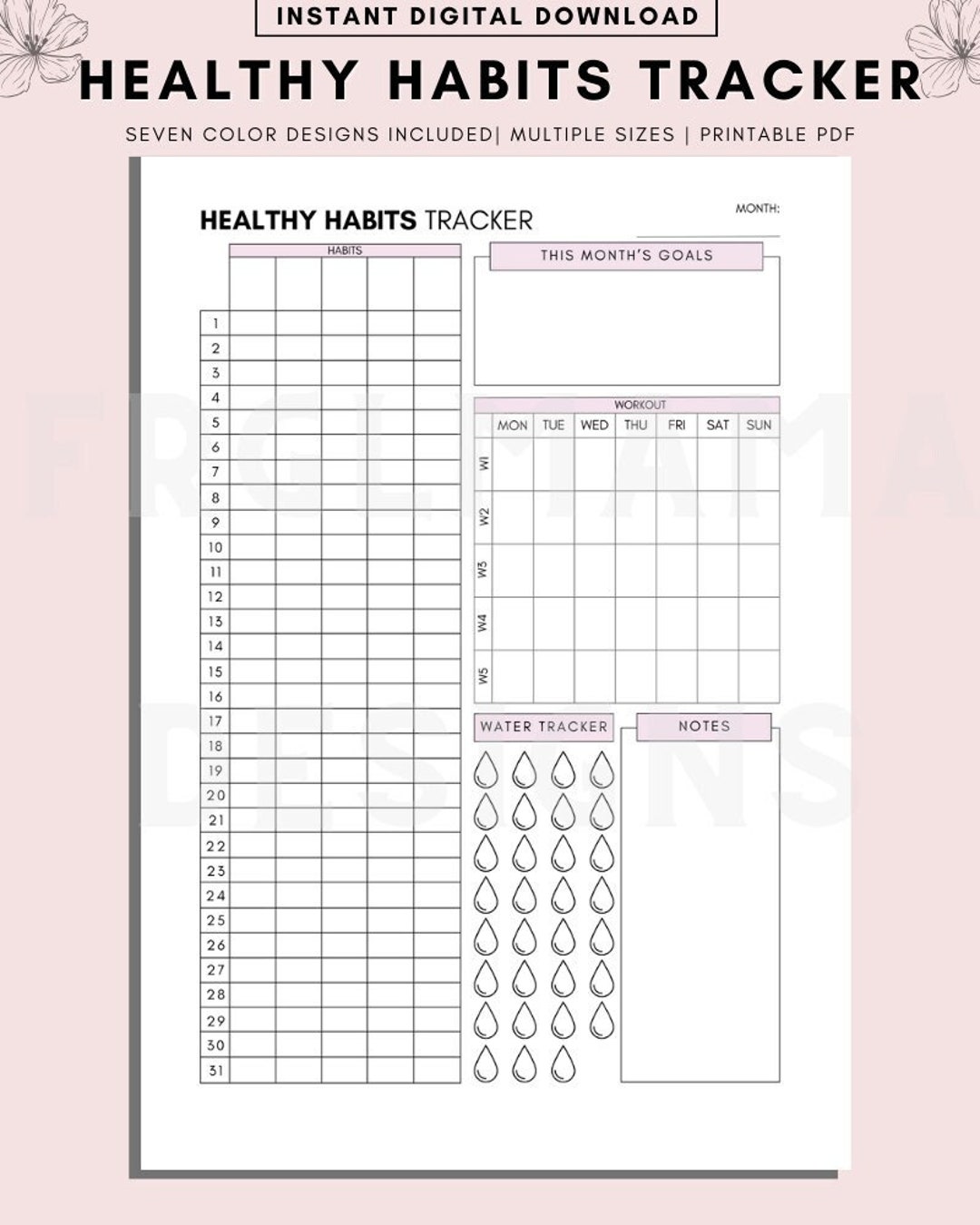 Healthy Habits Tracker Printable, Monthly Habit Tracker Printable ...