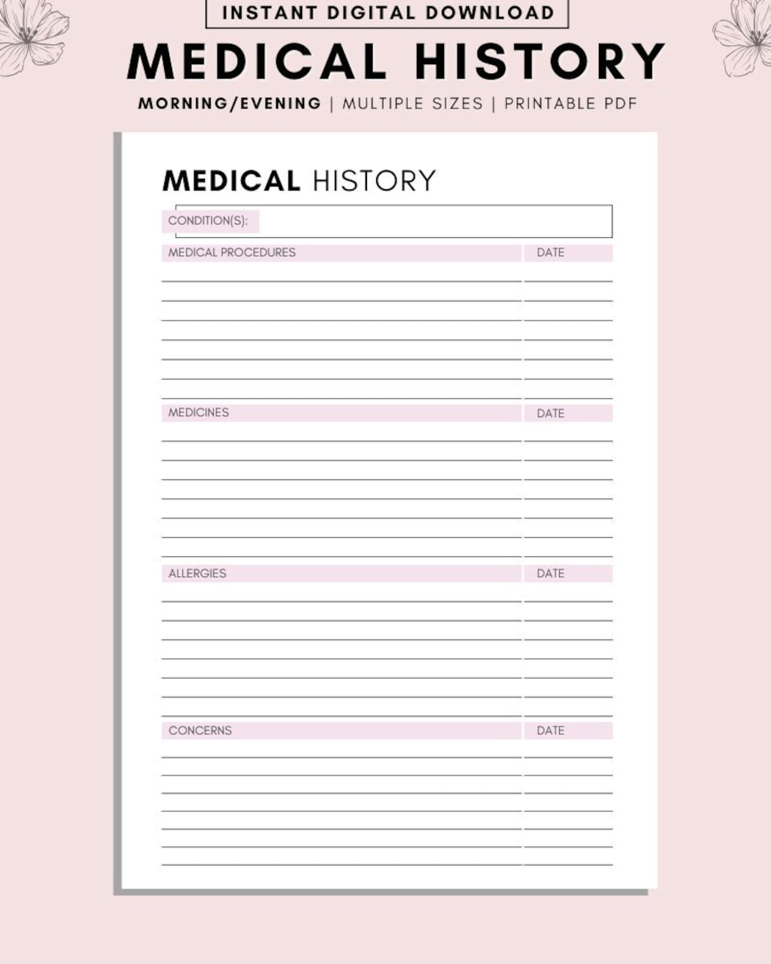 Medication Record Printable: Medical History, List & Info (a4/a5/letter ...