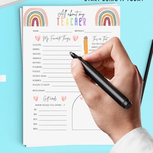 Teacher Favorites Questionnaire: Back to School Printable (digital ...