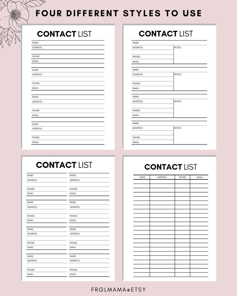 Contact List Printable Address Book Printable Address Log | Etsy