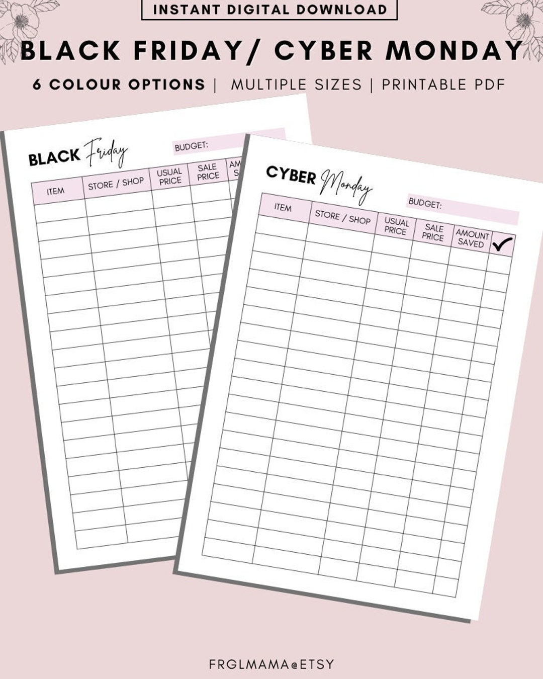 Black Friday Cyber Monday Tracker: Printable Shopping List (A4 A5 ...