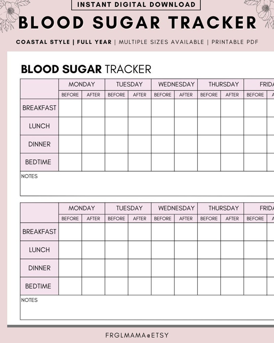 Blood Sugar Log Printable, Blood Sugar Tracker Printable, Blood Glucose ...